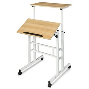 monibloom mobile standing desk with 2 platforms adjustable computer laptop desk home office workstation rolling table cart for standing or sitting, natural