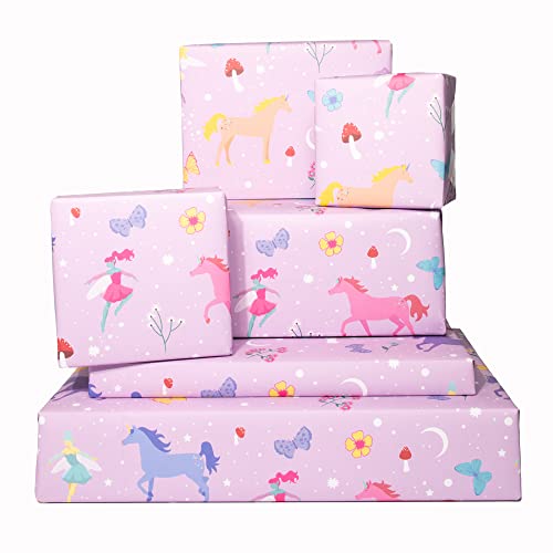 CENTRAL 23 - Fairies and Unicorn Wrapping Paper - 6 Sheets of Mystical Gift Wrap for Girls - Cute Butterfly and Flowers for Her - Pink Purple Birthday Giftwrap - Recyclable