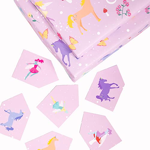 CENTRAL 23 - Fairies and Unicorn Wrapping Paper - 6 Sheets of Mystical Gift Wrap for Girls - Cute Butterfly and Flowers for Her - Pink Purple Birthday Giftwrap - Recyclable