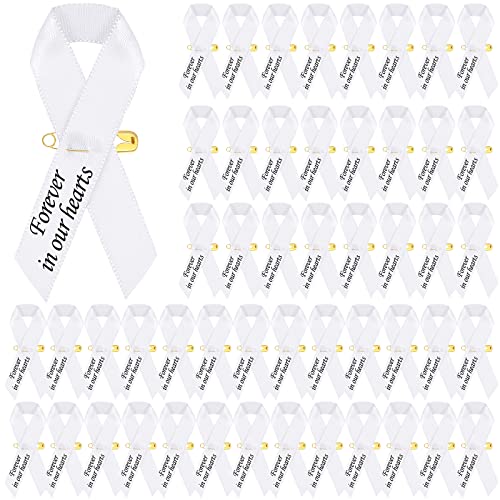 50 Pcs Funeral Ribbons Memorial Ribbon Funeral Pins Classic Memorial Service Respect Meditation Personalized Ribbon Bow with Safety Pins for Mourning Remembrance Day Funeral Event (White)