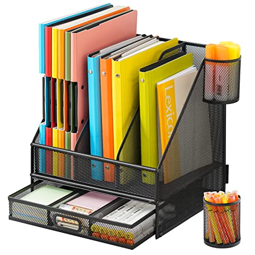 Marbrasse Desk Organizers with File Holder, 3 Vertical Compartments Magazine File Holder with Drawer and 2 Pen Holders, Mesh Desktop File Folder, Rack File Organizer for Home Office