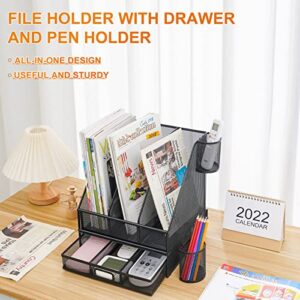 Marbrasse Desk Organizers with File Holder, 3 Vertical Compartments Magazine File Holder with Drawer and 2 Pen Holders, Mesh Desktop File Folder, Rack File Organizer for Home Office