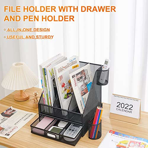 Marbrasse Desk Organizers with File Holder, 3 Vertical Compartments Magazine File Holder with Drawer and 2 Pen Holders, Mesh Desktop File Folder, Rack File Organizer for Home Office