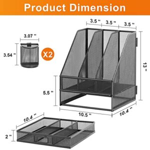 Marbrasse Desk Organizers with File Holder, 3 Vertical Compartments Magazine File Holder with Drawer and 2 Pen Holders, Mesh Desktop File Folder, Rack File Organizer for Home Office