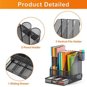 Marbrasse Desk Organizers with File Holder, 3 Vertical Compartments Magazine File Holder with Drawer and 2 Pen Holders, Mesh Desktop File Folder, Rack File Organizer for Home Office