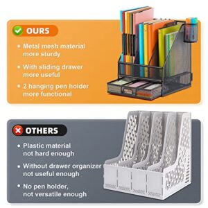 Marbrasse Desk Organizers with File Holder, 3 Vertical Compartments Magazine File Holder with Drawer and 2 Pen Holders, Mesh Desktop File Folder, Rack File Organizer for Home Office