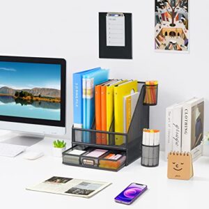 Marbrasse Desk Organizers with File Holder, 3 Vertical Compartments Magazine File Holder with Drawer and 2 Pen Holders, Mesh Desktop File Folder, Rack File Organizer for Home Office