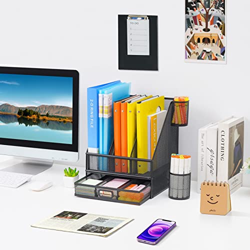 Marbrasse Desk Organizers with File Holder, 3 Vertical Compartments Magazine File Holder with Drawer and 2 Pen Holders, Mesh Desktop File Folder, Rack File Organizer for Home Office