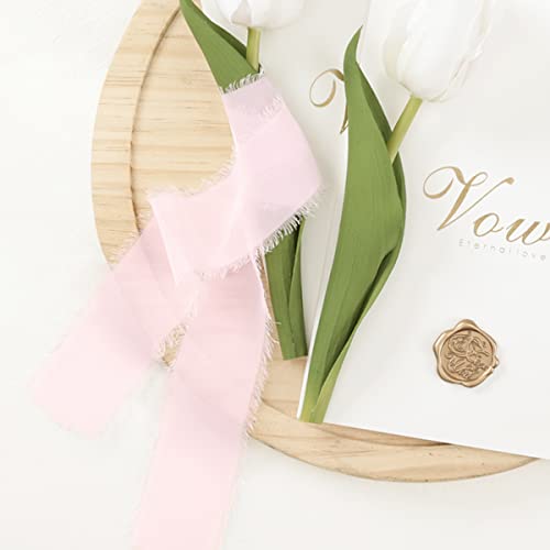 Socomi Blushing Pink Handmade Fringe Chiffon Silk Ribbon 1-3/4" x 7Yd 4 Rolls Frayed Ribbons for Wedding Invitations Bridal Bouquets Gift Wrapping