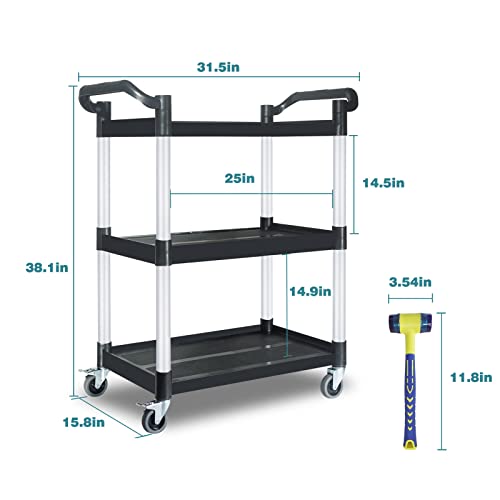 AGTAGUES 3-Tier Rolling Cart, Restaurant Cart with Shelf, Wheels & Brakes, Food Service Cart, Heavy Duty Plastic Utility Cart for Warehouse/Kitchen/Office/Garage, 31.5'' x15.8''x38.1'' (Black)