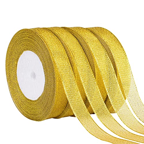 Hapeper 4 Rolls 3/5 Inch Metallic Glitter Ribbons for Gift Wrapping Crafts Birthday Wedding Pary Decoration , 100 Yards in Total (Golden)