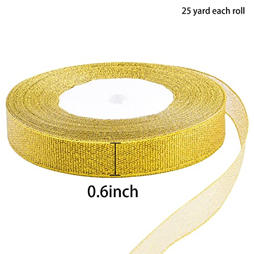 Hapeper 4 Rolls 3/5 Inch Metallic Glitter Ribbons for Gift Wrapping Crafts Birthday Wedding Pary Decoration , 100 Yards in Total (Golden)