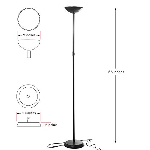 Brightech SkyLite LED Floor lamp, Torchiere Super Bright Floor Lamp for Living Rooms & Offices - 3 Way Dimmable Tall Lamp, High Lumen Standing Pole Lamp for Bedroom Reading - Black