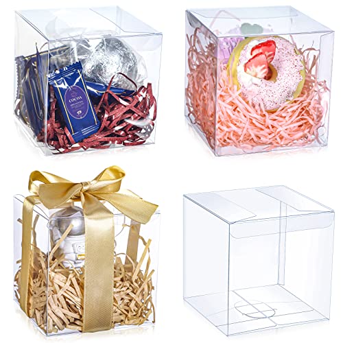 100 Pcs Clear Favor Boxes Plastic Gift Boxes 4 x 4 x 4 Inch Candy Boxes Clear Gift Boxes Transparent Box PET Clear Box for Wedding Bridal Baby Shower Party Favors Cupcake Macaron Candy Cookie Ornament