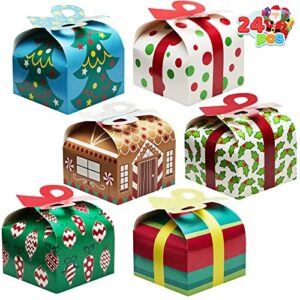 joyin 24 pcs 3d christmas goody gift boxes with bow for holiday xmas goodie paper boxes, school classroom party favor supplies, candy treat cardboard cookie boxes