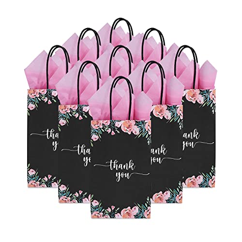 50 Pack Small Black & Floral Thank You Paper Gift Bags with Handles and 24 Sheets Pink Tissue Paper for Small Business, Shopping, Wedding, Baby Shower, Party Favors ( Small 9''x5.5''x3.15'', Black Floral)