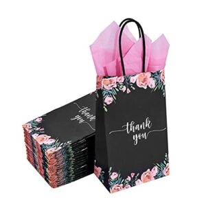 50 Pack Small Black & Floral Thank You Paper Gift Bags with Handles and 24 Sheets Pink Tissue Paper for Small Business, Shopping, Wedding, Baby Shower, Party Favors ( Small 9''x5.5''x3.15'', Black Floral)