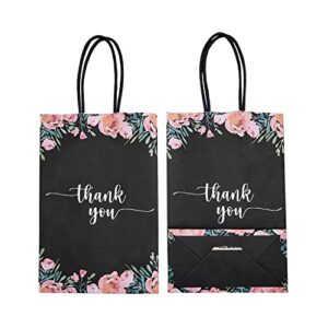 50 Pack Small Black & Floral Thank You Paper Gift Bags with Handles and 24 Sheets Pink Tissue Paper for Small Business, Shopping, Wedding, Baby Shower, Party Favors ( Small 9''x5.5''x3.15'', Black Floral)