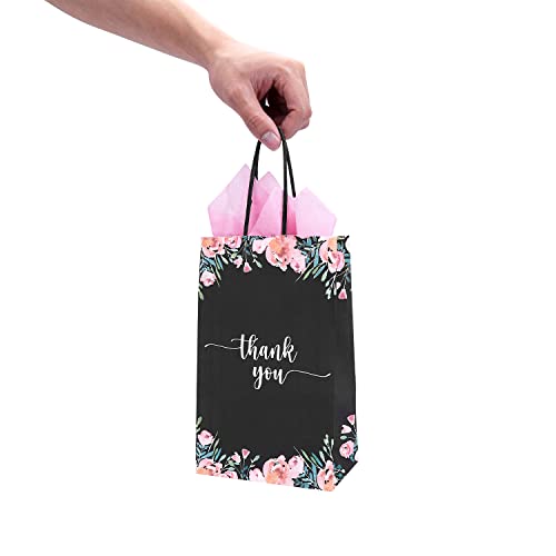 50 Pack Small Black & Floral Thank You Paper Gift Bags with Handles and 24 Sheets Pink Tissue Paper for Small Business, Shopping, Wedding, Baby Shower, Party Favors ( Small 9''x5.5''x3.15'', Black Floral)