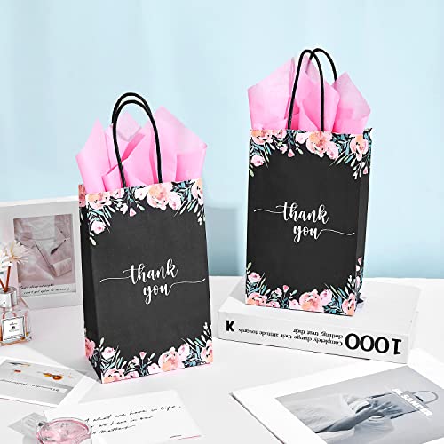 50 Pack Small Black & Floral Thank You Paper Gift Bags with Handles and 24 Sheets Pink Tissue Paper for Small Business, Shopping, Wedding, Baby Shower, Party Favors ( Small 9''x5.5''x3.15'', Black Floral)