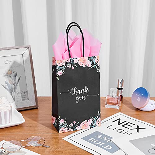 50 Pack Small Black & Floral Thank You Paper Gift Bags with Handles and 24 Sheets Pink Tissue Paper for Small Business, Shopping, Wedding, Baby Shower, Party Favors ( Small 9''x5.5''x3.15'', Black Floral)