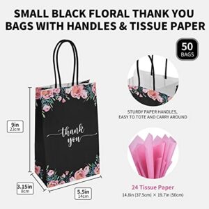 50 Pack Small Black & Floral Thank You Paper Gift Bags with Handles and 24 Sheets Pink Tissue Paper for Small Business, Shopping, Wedding, Baby Shower, Party Favors ( Small 9''x5.5''x3.15'', Black Floral)