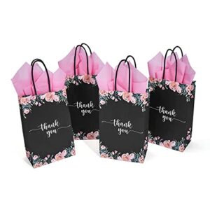 50 Pack Small Black & Floral Thank You Paper Gift Bags with Handles and 24 Sheets Pink Tissue Paper for Small Business, Shopping, Wedding, Baby Shower, Party Favors ( Small 9''x5.5''x3.15'', Black Floral)