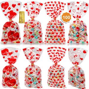 konsait 100pcs valentines cellophane bags, clear candy cookie treat bags with twist ties for bakery biscuit chocolate snacks,holiday goody bags, valentines party favors supplies