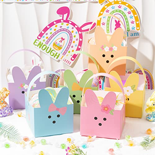 H1vojoxo 24PCS Easter Treat Boxes for Kids, Easter Candy Boxes with Handle, Easter Bunny Rabbit Cardboard Boxes, Goody Cookies Containers for Easter, Easter Boxes for School Classroom Party Favor