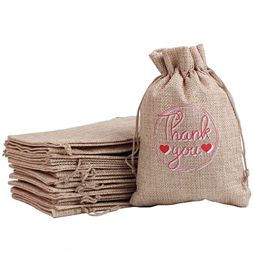 WEWIVODA Burlap Bags, 20 Packs 5"x7" Thank You Burlap Gift Bags Drawstring Candy Pouches Party Favor Linen Pockets for Wedding Birthday Easter Thanksgivings Christmas New Year (Thank You-E, 5''x7'')