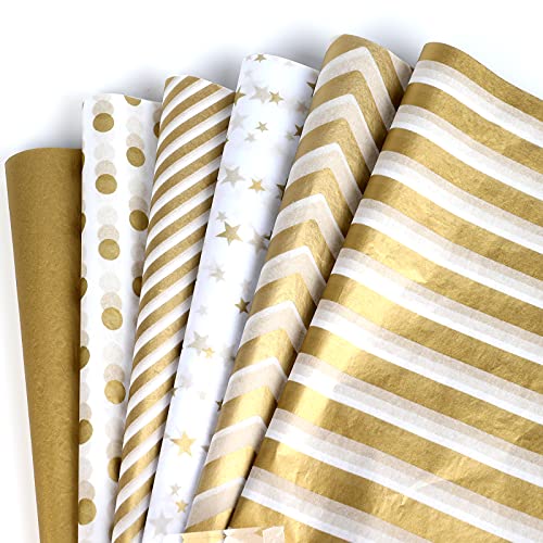 SAVITA 60 Sheets 30x45cm/11x17 inch Gold White Metallic Tissue Paper, Metallic Gift Wrapping Tissue Paper for Christmas Weddings Birthday Party Showers DIY Arts Crafts (6 Styles)