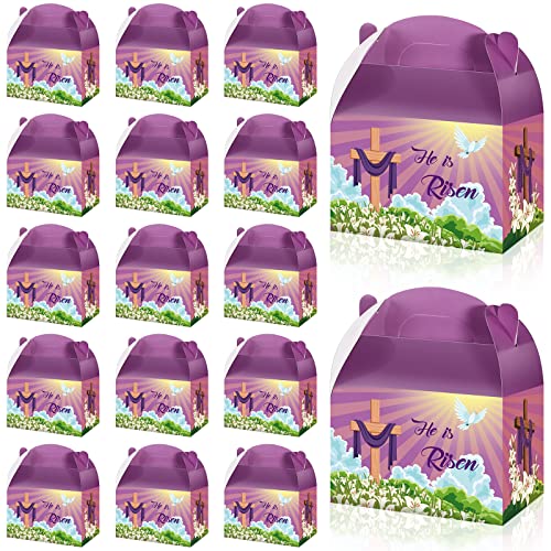 Lincia 48 Pcs Easter Treat Box Religious Candy Container Paper Gift Gable Boxes He Is Risen Boxes with Handles for Candy Cookies Easter School Party Favors, 5.91 x 3.54 x 3.54 Inch