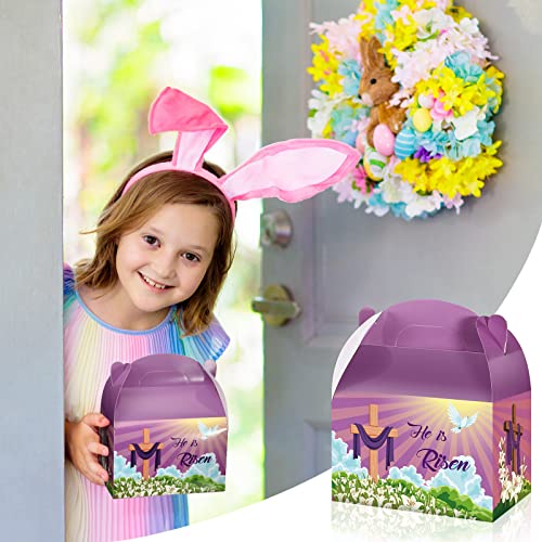 Lincia 48 Pcs Easter Treat Box Religious Candy Container Paper Gift Gable Boxes He Is Risen Boxes with Handles for Candy Cookies Easter School Party Favors, 5.91 x 3.54 x 3.54 Inch