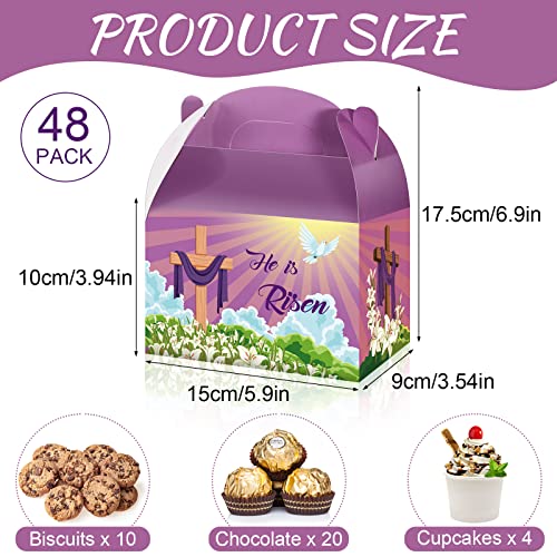 Lincia 48 Pcs Easter Treat Box Religious Candy Container Paper Gift Gable Boxes He Is Risen Boxes with Handles for Candy Cookies Easter School Party Favors, 5.91 x 3.54 x 3.54 Inch