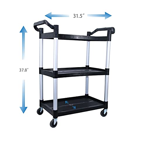 Abacad Plastic Utility Cart with Wheels Lockable, Heavy Duty Restaurant Cart, Service Cart for/Home/Office/Warehouse/Kitchen/Workshop,390 Lbs,2 Handles, Black.