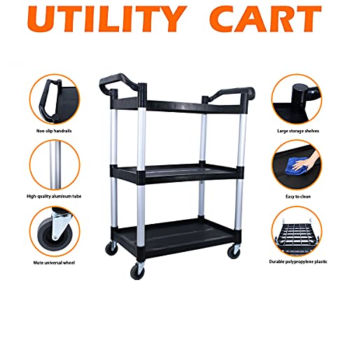 Abacad Plastic Utility Cart with Wheels Lockable, Heavy Duty Restaurant Cart, Service Cart for/Home/Office/Warehouse/Kitchen/Workshop,390 Lbs,2 Handles, Black.