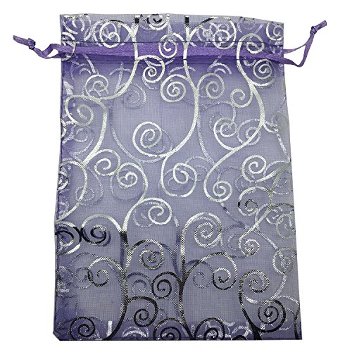 100PCS Sheer Organza Bags,4x4.72 Inch Wedding Favor Bags with Drawstring,Candy Jewelry Gift Bags for Party, Jewelry,Bathroom Soaps, Christmas, Makeup Organza Favor Bags (Purple-Rattan Print)