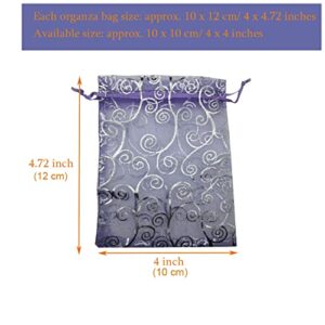 100PCS Sheer Organza Bags,4x4.72 Inch Wedding Favor Bags with Drawstring,Candy Jewelry Gift Bags for Party, Jewelry,Bathroom Soaps, Christmas, Makeup Organza Favor Bags (Purple-Rattan Print)