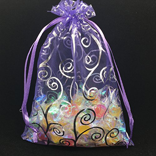 100PCS Sheer Organza Bags,4x4.72 Inch Wedding Favor Bags with Drawstring,Candy Jewelry Gift Bags for Party, Jewelry,Bathroom Soaps, Christmas, Makeup Organza Favor Bags (Purple-Rattan Print)