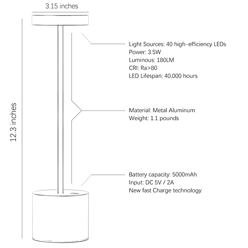 Barryca 12 Inch Cordless Table Lamp Rechargeable, Battery Operated Metal USB Desk Lamp, Portable Led Outdoor Light, Stepless Dimmable, for Outside/Indoor/Restaurant/Home/Dinner/Patio