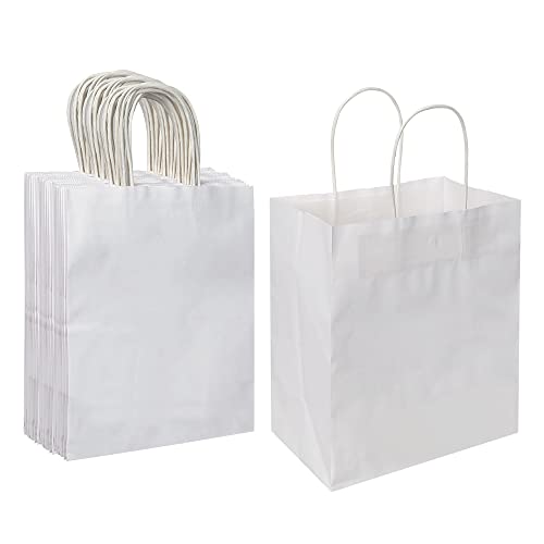 Oikss 50 Pack 8x4.75x10 Inch Medium Paper Bags with Handles Bulk, Kraft Bags Birthday Wedding Party Favors Grocery Retail Shopping Takeouts Business Goody Craft Gift Bags Sacks (White 50PCS Count)