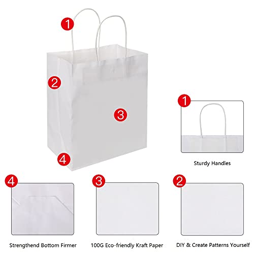 Oikss 50 Pack 8x4.75x10 Inch Medium Paper Bags with Handles Bulk, Kraft Bags Birthday Wedding Party Favors Grocery Retail Shopping Takeouts Business Goody Craft Gift Bags Sacks (White 50PCS Count)