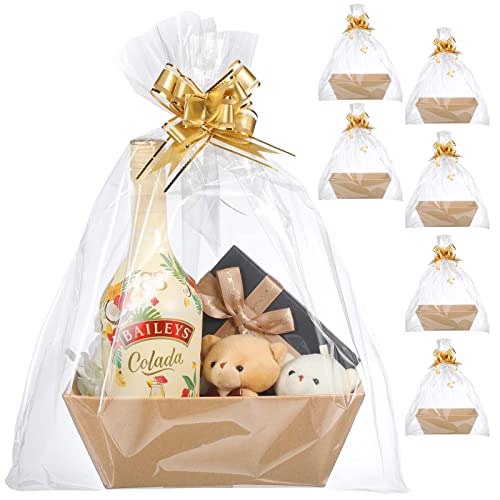 Mimorou,22 Pieces Baskets for Gifts Empty Gift Basket Kit Includes 6 Empty Gift Baskets 6 Clear Gift Bags for Baskets and 10 Gold Pull Bows Gift Packages for Wedding Birthday Thanksgiving Party Gift Wrapping