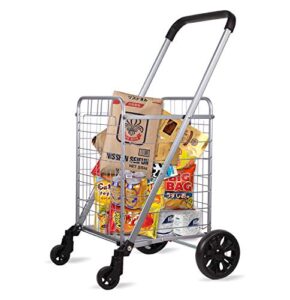 omnirolls grocery shopping cart with swivel wheels, folding shopping cart with wide cushion handle, mesh bottom and brake system, silve,