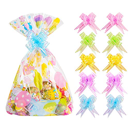 Kolewo4ever 20pcs Basket Bags pull bow Set 10 pieces Easter Cellophane Wrap Plastic Bag 10 pieces easter theme pull bow for Gifts Baskets Party Festivals (12x18 inch)