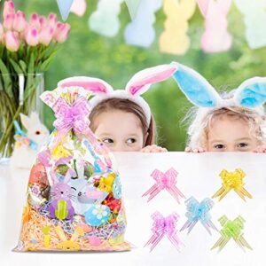 Kolewo4ever 20pcs Basket Bags pull bow Set 10 pieces Easter Cellophane Wrap Plastic Bag 10 pieces easter theme pull bow for Gifts Baskets Party Festivals (12x18 inch)