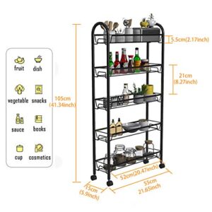 WASJOYE Rolling Wire Slim 5-Shelf Storage Cart for Home Kitchen Marketplace, Storage and Organization Stand with Lockable Wheels (Black)