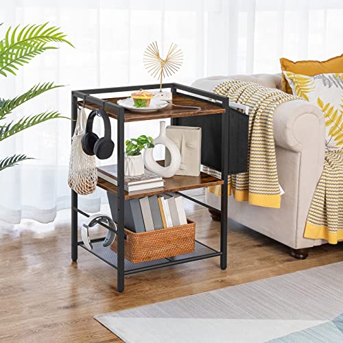 HOOBRO 3 Tier Printer Stand Mobile Printer Table on Wheels, Wooden Printer Shelf with Storage Bag, Under Desk Rolling Printer Cart Organizer with Hooks for Home Office, Kitchen Rustic Brown BF21PS01