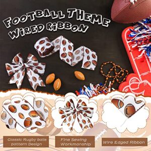 Football Wired Ribbon 2 Rolls 20 Yards Football Printed Wired Ribbon 2 Inches Wide Football Ribbon Football Wired Edge Ribbon for DIY Crafts Wreath Bow Package Wrapping Supplies, White Brown Black