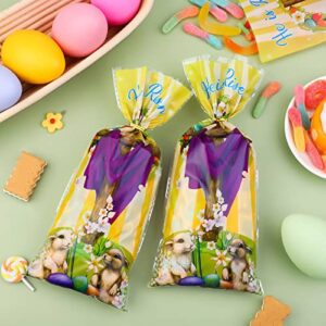 Fovths 100 Pack Easter Treat Bags Plastic Easter Candy Bags, Inspiring He is Risen Sign Clear Cellophane Candy Treat Bags with 100 Piece Gold Twist Ties for Easter Theme Bible School Party Favors